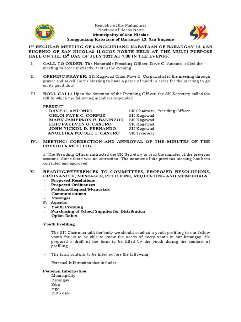 Addressing the Needs of Local Youth: Minutes from the First Regular ...