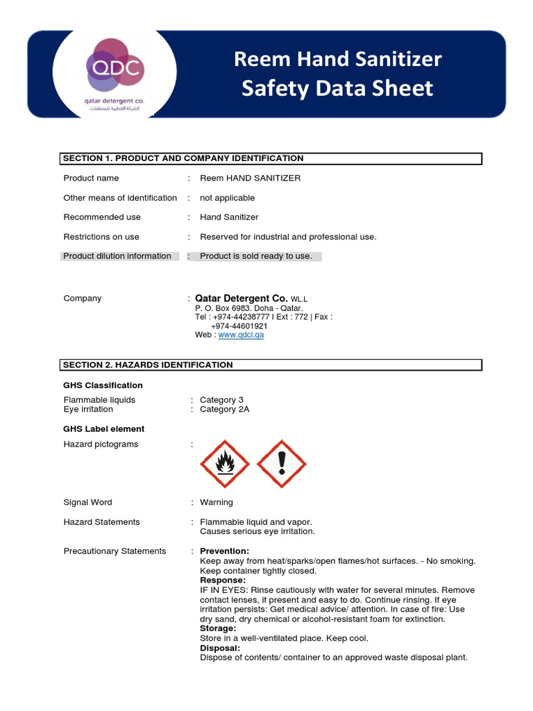 MSDS Reem Hand Sanitizer | PDF | Toxicity | Firefighting