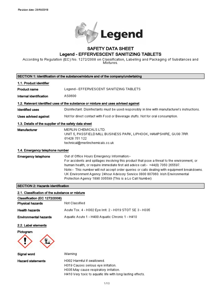 MSDS-Legend - EFFERVESCENT SANITIZING TABLETS | PDF | Toxicity ...