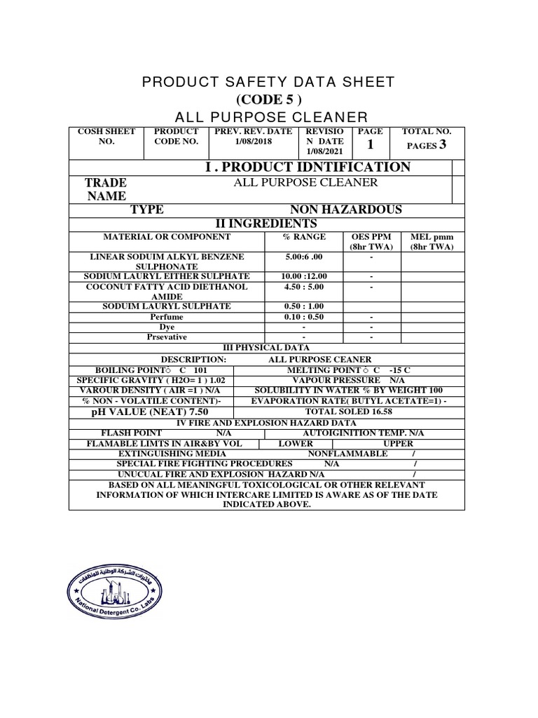 Product Safety Data Sheet (CODE 5) All Purpose Cleaner 1 3 I - Product ...