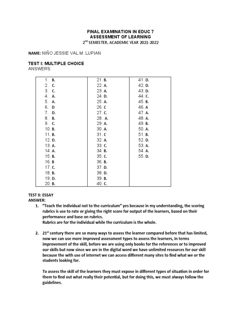Final Examination in Educ 7 | PDF | Educational Assessment | Teaching