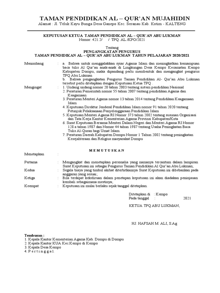 SK Pengangkatan Pengurus TPQ | PDF