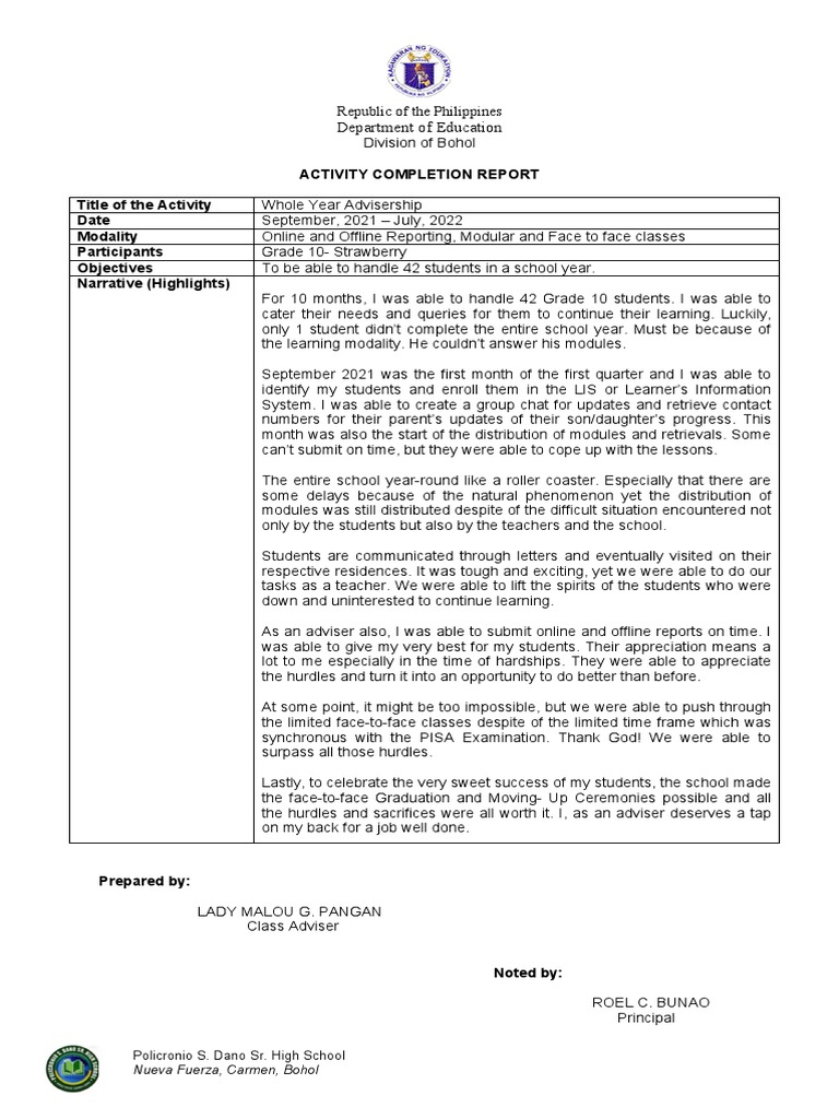 Grade 10 Advisorship Completion Report | PDF | Communication ...