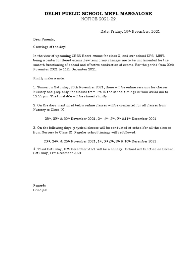 Delhi Public School MRPL Mangalore: NOTICE 2021-22 | PDF