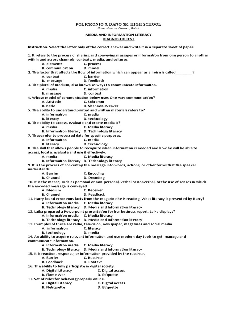 MIL Diagnostic Test | PDF | Mass Media | Information