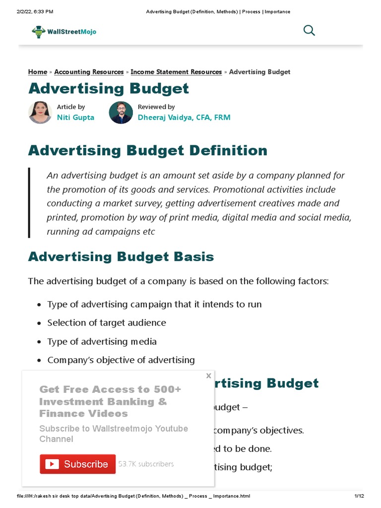 Advertising Budget (Definition, Methods) - Process - Importance | PDF ...