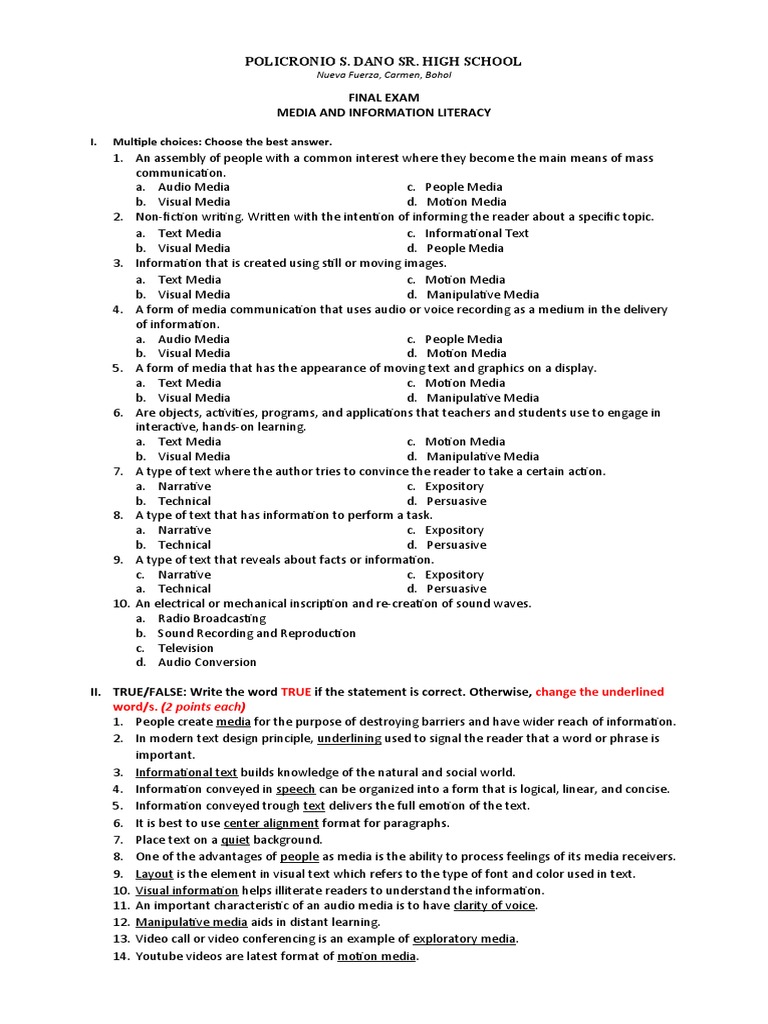 Policronio S. Dano Sr. High School Final Exam Media and Information Literacy | PDF | Mass Media ...
