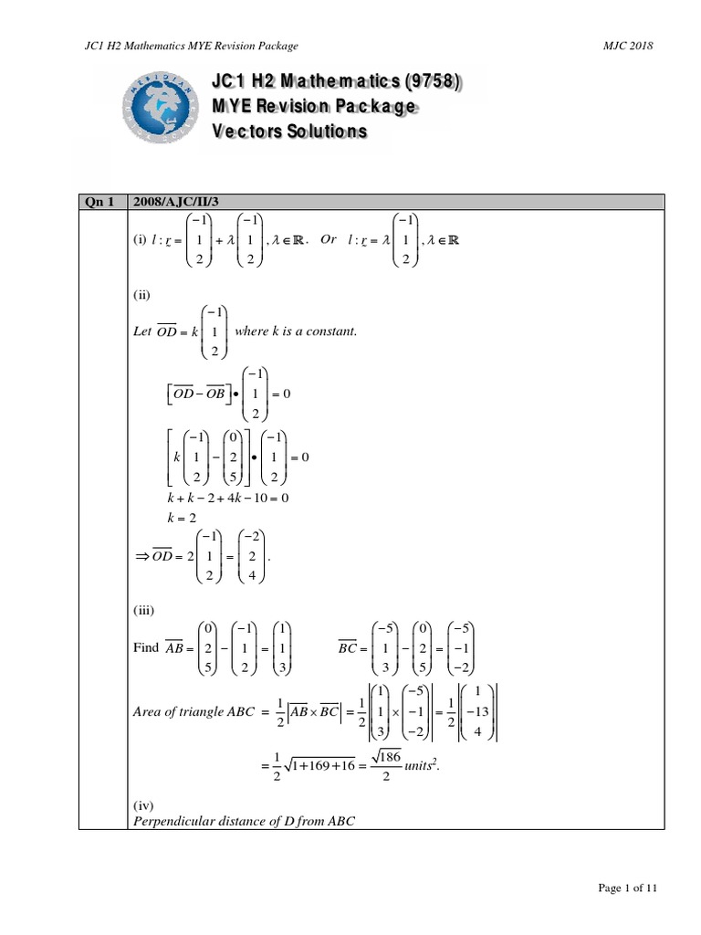 H2 MYE Revision Package Vectors Solutions | PDF | Plane (Geometry) | Classical Geometry