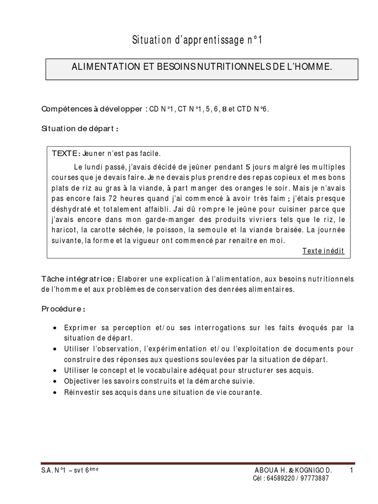 Alimentation et besoins humains en SVT 6ème | PDF | Nutrition | Régime ...
