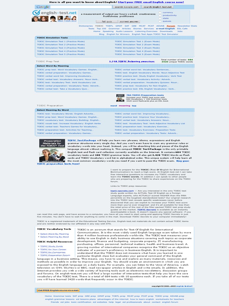 TOEIC Prep - and TOEIC Preparation - 684 TOEIC Vocabulary Tests Online ...