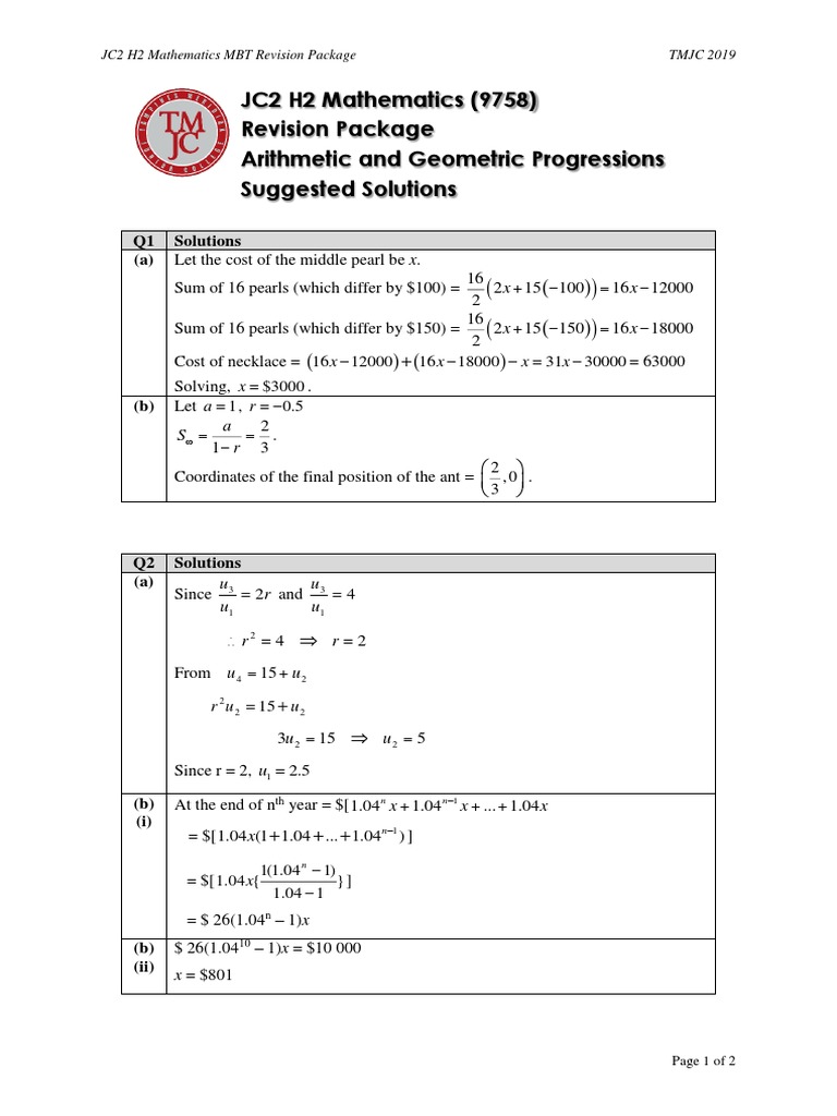JC2 H2 Mathematics (9758) Revision Package Arithmetic and Geometric Progressions Suggested ...