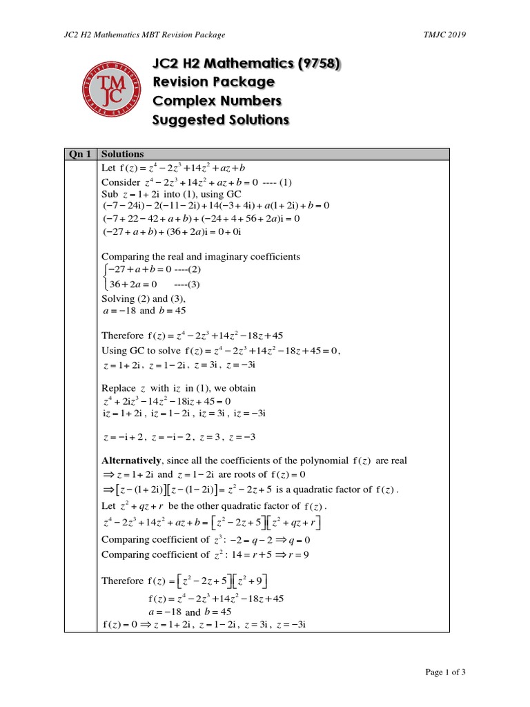 H2 MBT Revision Package Complex Numbers Solutions | PDF | Factorization | Quadratic Equation