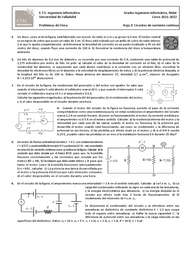 2021-2022 - Problemas - Hoja 3 - Circuitos de Corriente Continua (Enunciados) | PDF ...