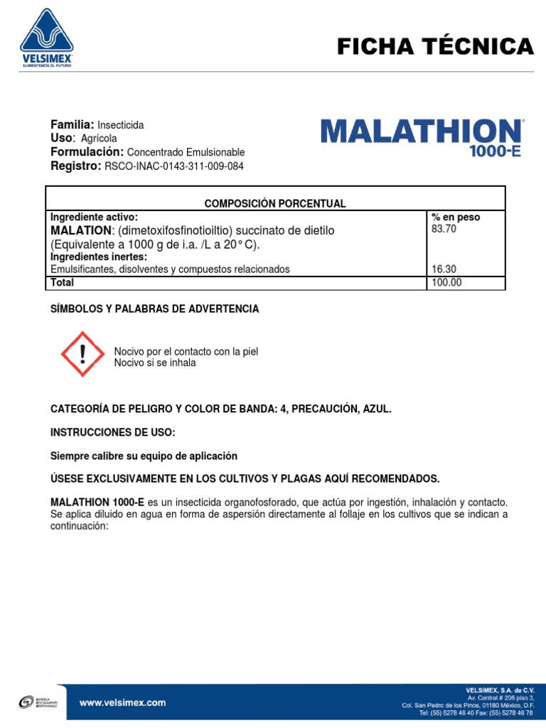 Malathion 1000 E Hoja Técnica De Un Insecticida Agrícola Concentrado