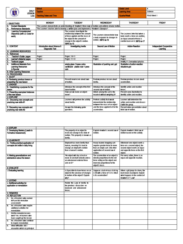 Sci 8. DLL. Q1. W1 2 | PDF | Force | Newton's Laws Of Motion