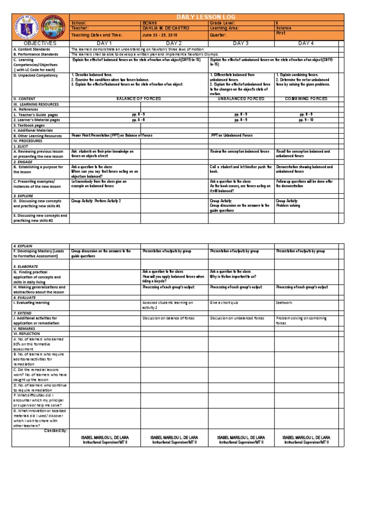 Daily Lesson Log: Objectives Day 1 Day 2 Day 3 Day 4 | Download Free ...