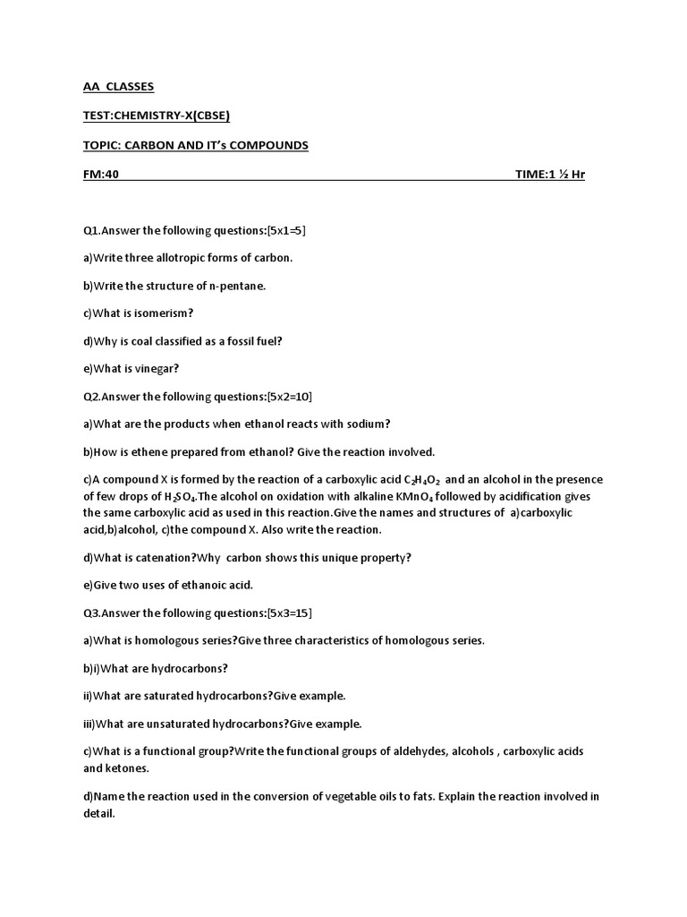 Aa Classes Test:Chemistry-X (Cbse) Topic: Carbon and It'S Compounds FM ...