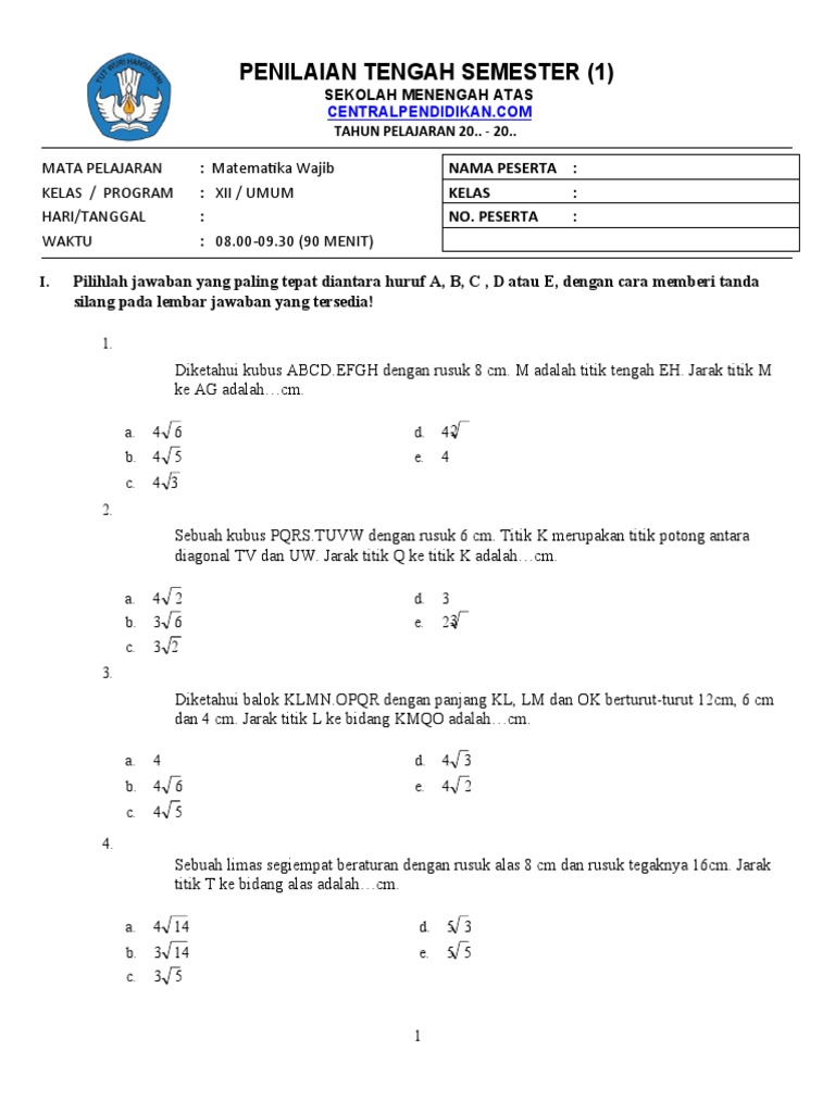 Soal PTS Matematika Wajib Kelas XII | PDF