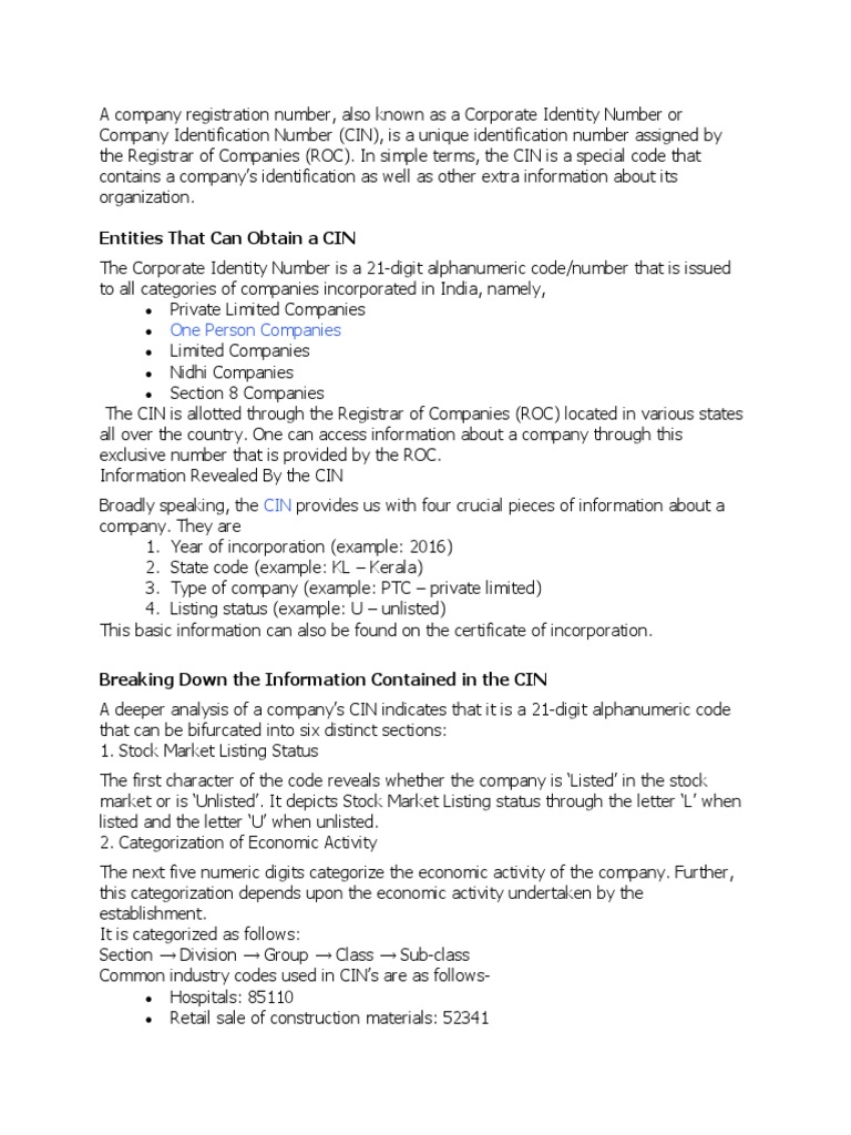 Understanding Corporate Identification Number (CIN) | PDF | Limited ...