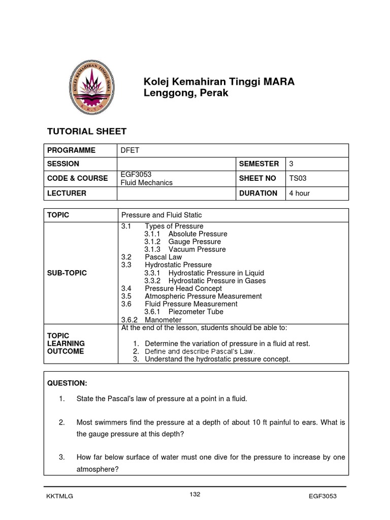 Tutorial 3 | PDF | Pressure | Pressure Measurement