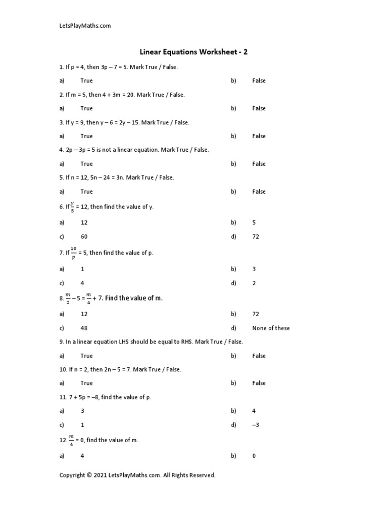 Linear Equations Worksheet-2 | PDF | Equations | Elementary Mathematics