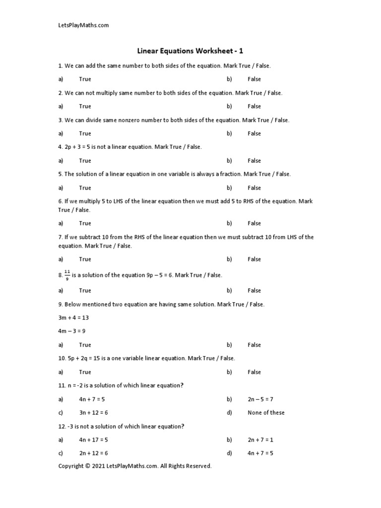 Linear Equations Worksheet-1 | PDF | Equations | Applied Mathematics