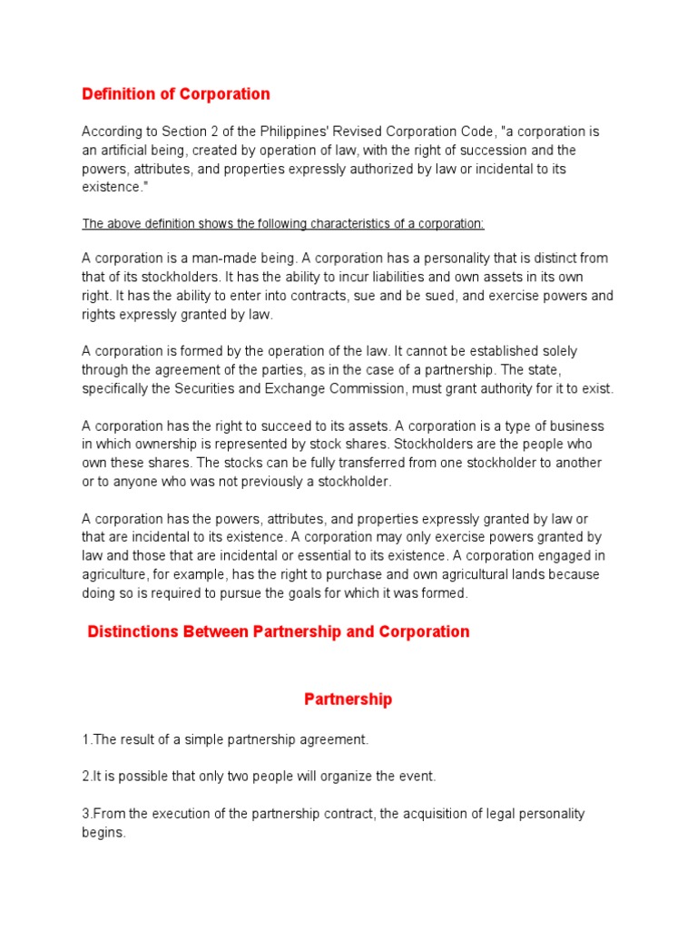Definition of Corporation | PDF | Corporations | Stocks