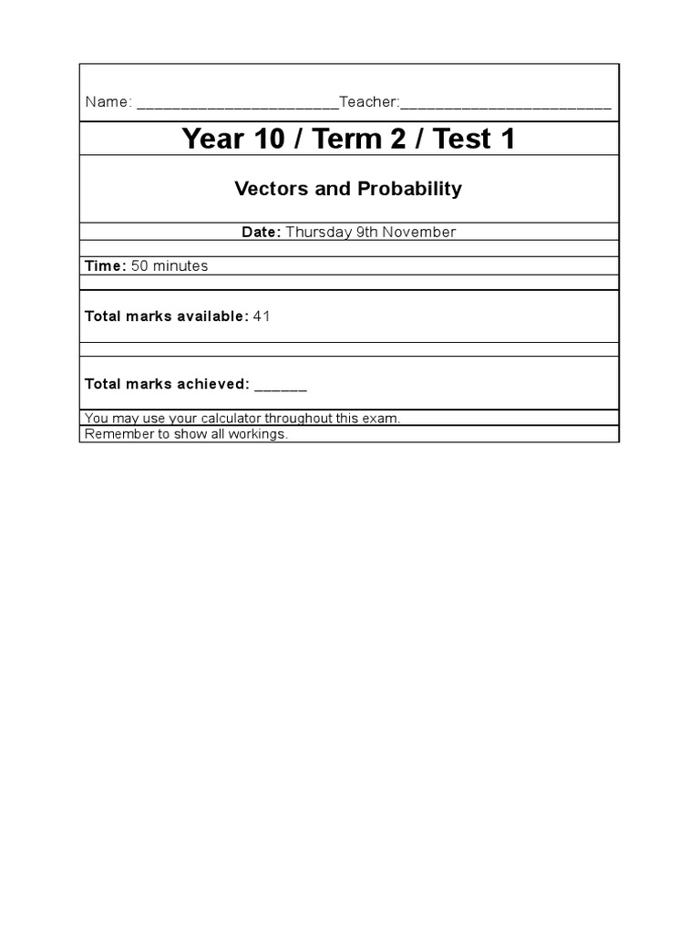 10EXT Term 2 Test 1 MASTER | PDF | Euclidean Vector | Mathematics
