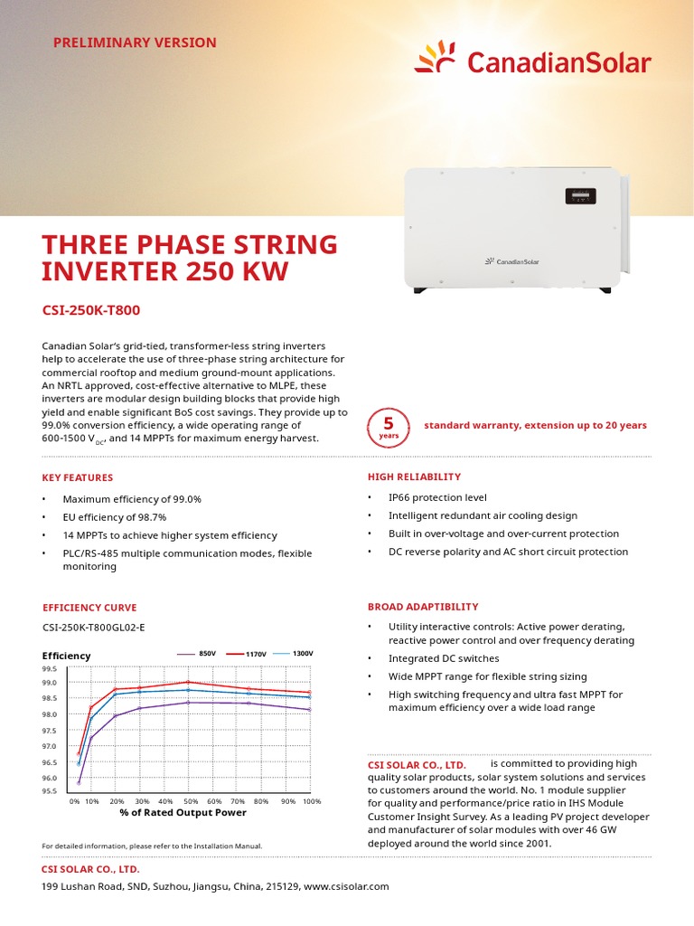 Three Phase String Inverter 250 KW: Preliminary Version | PDF | Power Inverter | Alternating Current