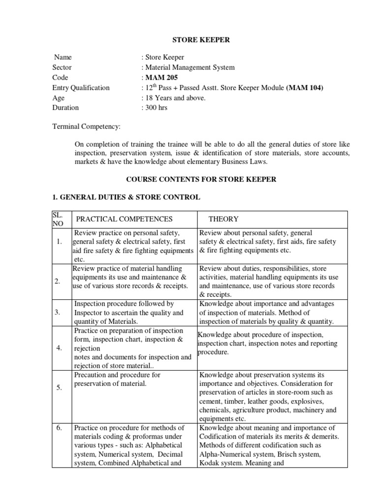Training Program and Course Contents for Store Keeper: Developing Skills in Store Management ...