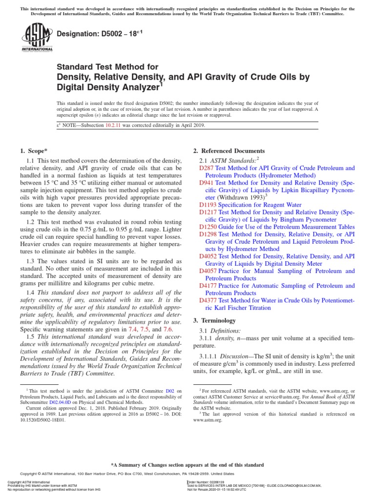 ASTM D5002-18e1 | Download Free PDF | Density | Calibration