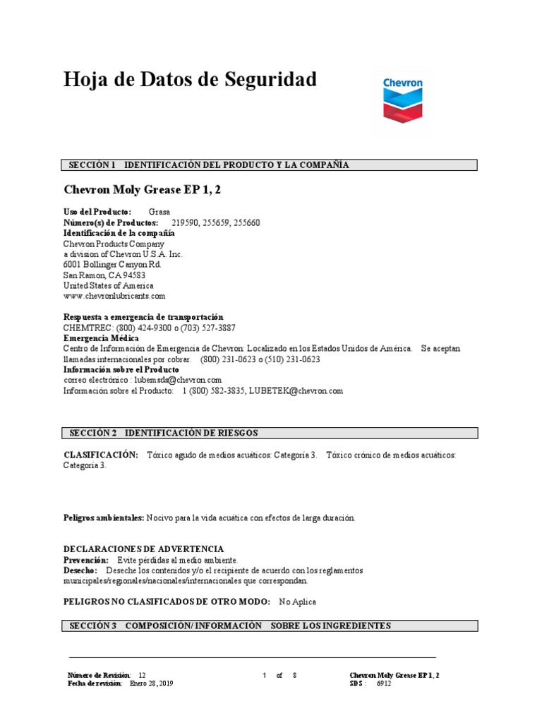 Hoja de Datos de Seguridad: Chevron Moly Grease EP | PDF | Toxicidad ...