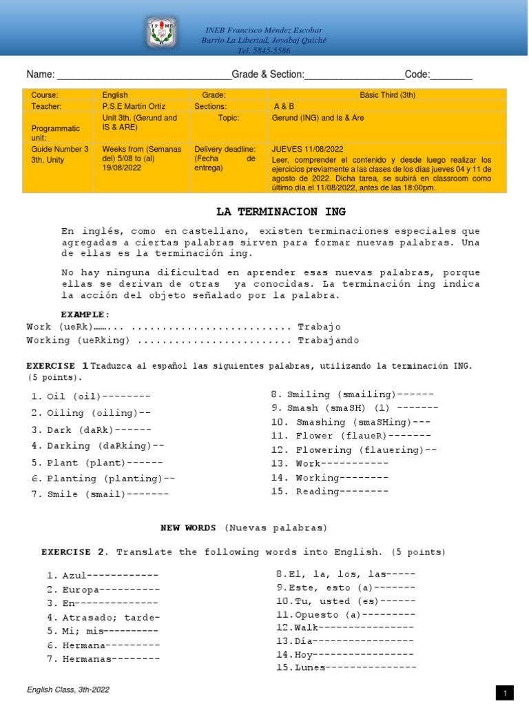 Guía No.3 Inglés 3ro-III Unit 2022 | PDF