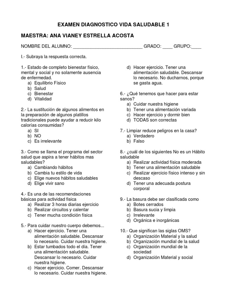 Examen diagnóstico sobre hábitos y conceptos de salud | PDF | Ciencias ...