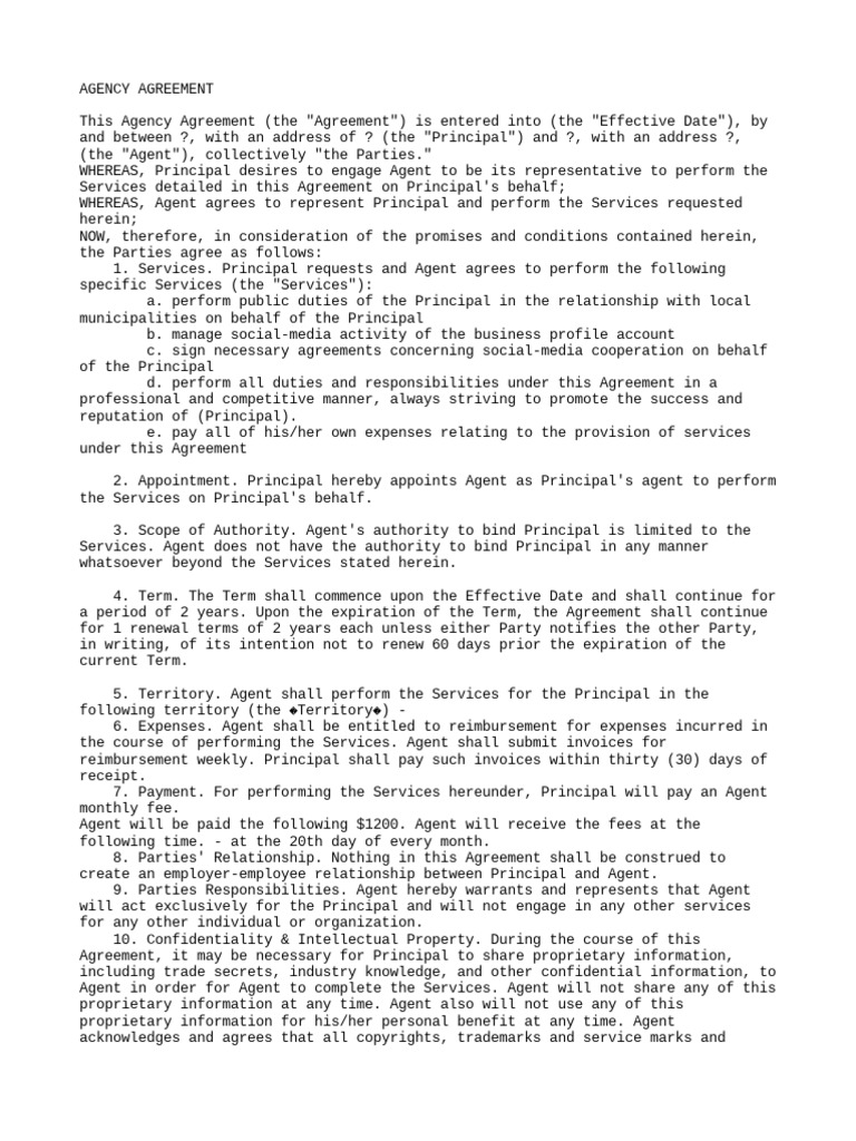 Agency Agreement | PDF | Indemnity | Law Of Agency