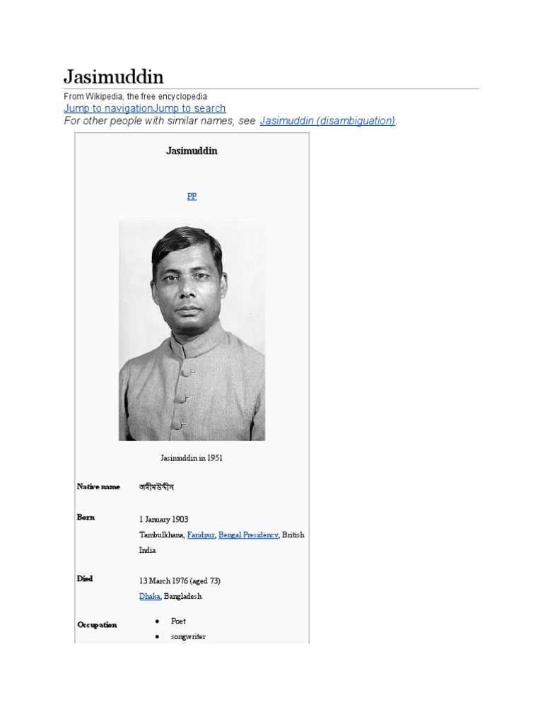 Jasimuddin: Jump To Navigation Jump To Search | Download Free PDF | Bangladesh | Bengal
