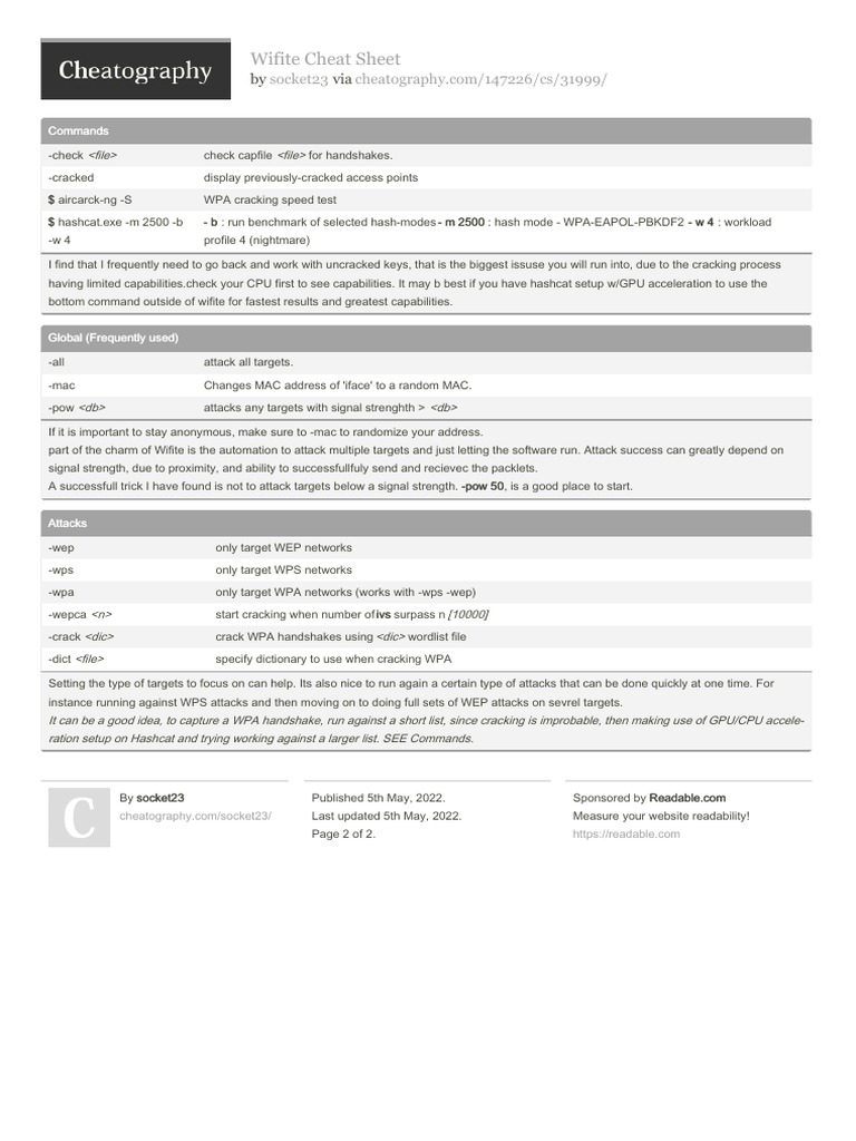 Wifite Cheat Sheet: by Via | Download Free PDF | Software | Computer ...