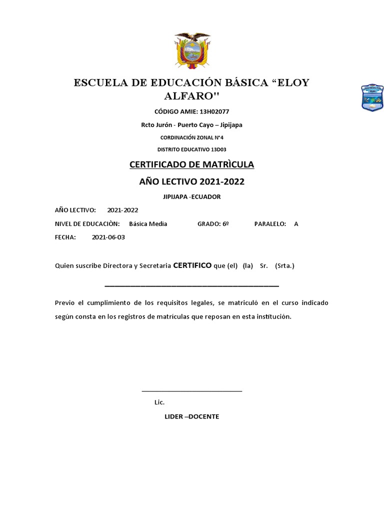 Certificado de Matricula Escuela de Educación Básica | PDF