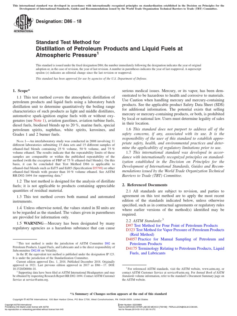 ASTM D86-18 Dest Atm | PDF | Distillation | Thermometer