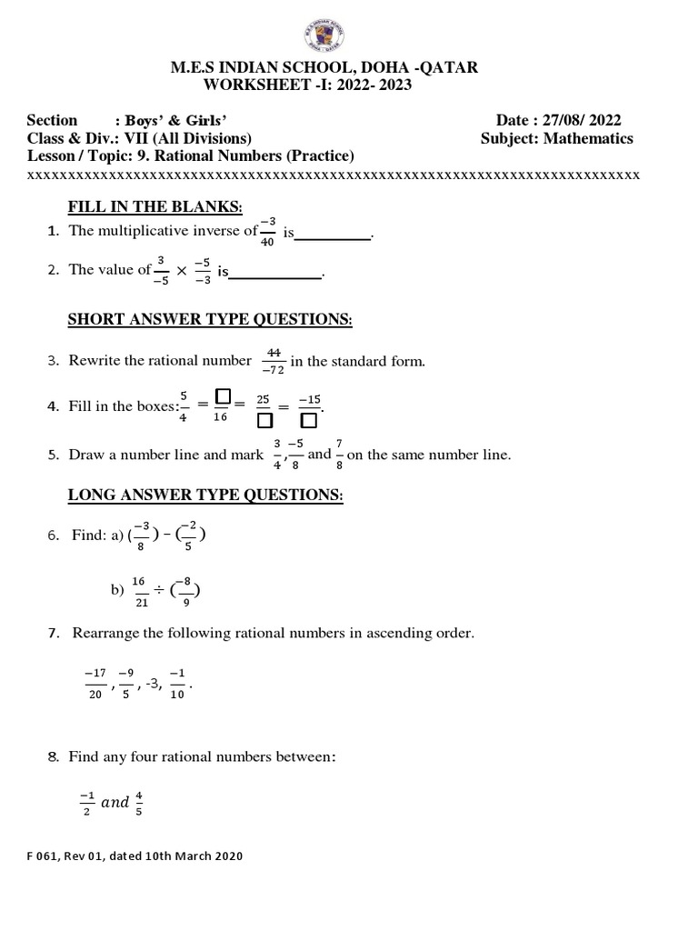 F 061, Rev 01, Dated 10th March 2020 | PDF | Rational Number | Numbers