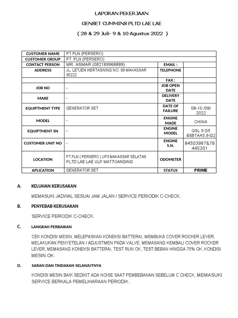 Laporan C Check PLTD Lae-Lae | PDF