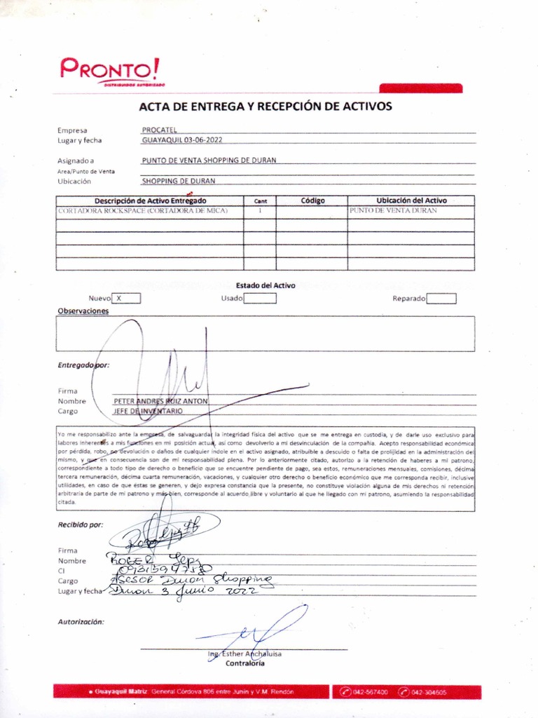 Acta de Entrega y Recepcion de Activos | PDF
