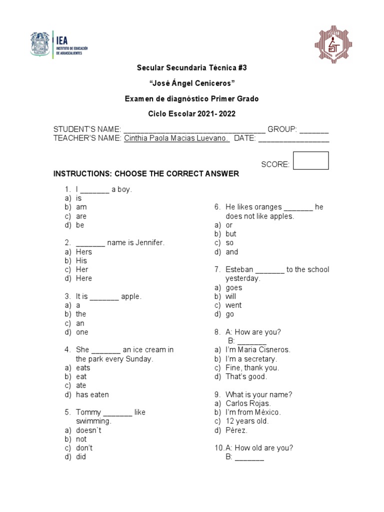 Examen de diagnostico Primer grado | PDF