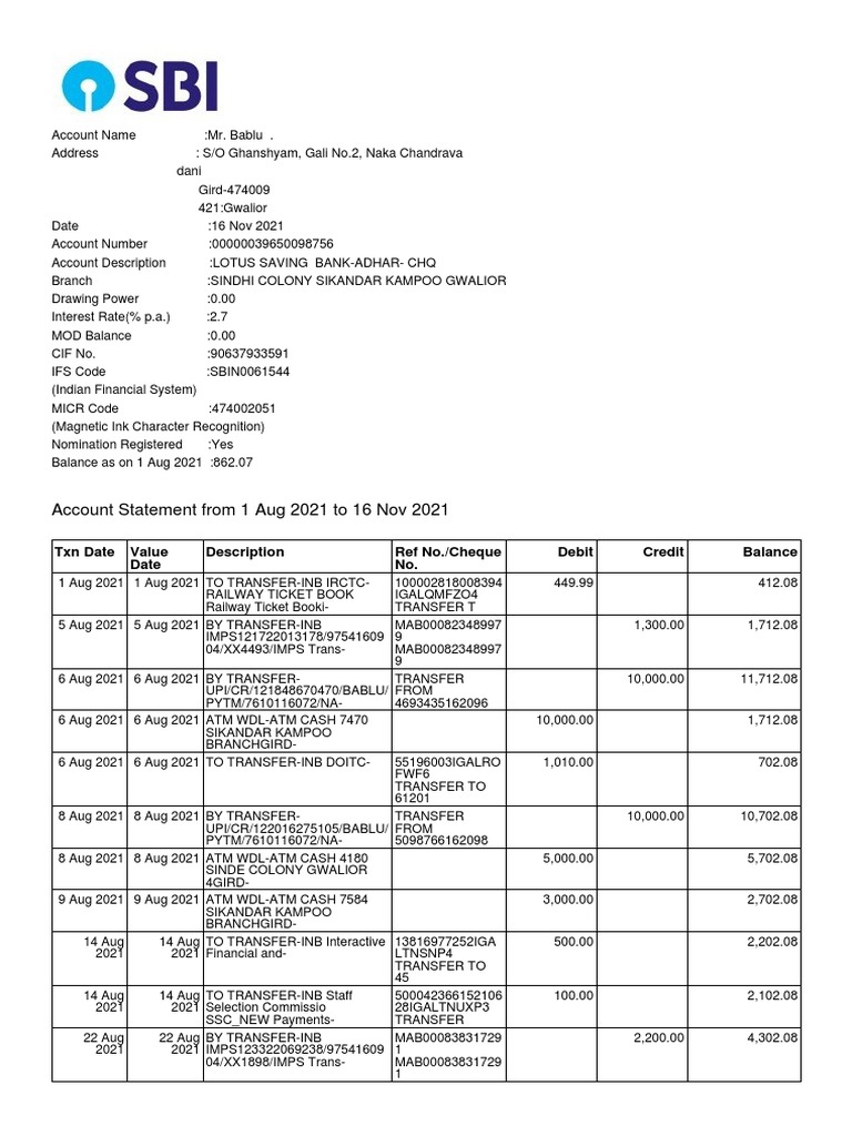 Account Statement From 1 Aug 2021 To 16 Nov 2021 Txn Date Value Date Description Ref No Cheque