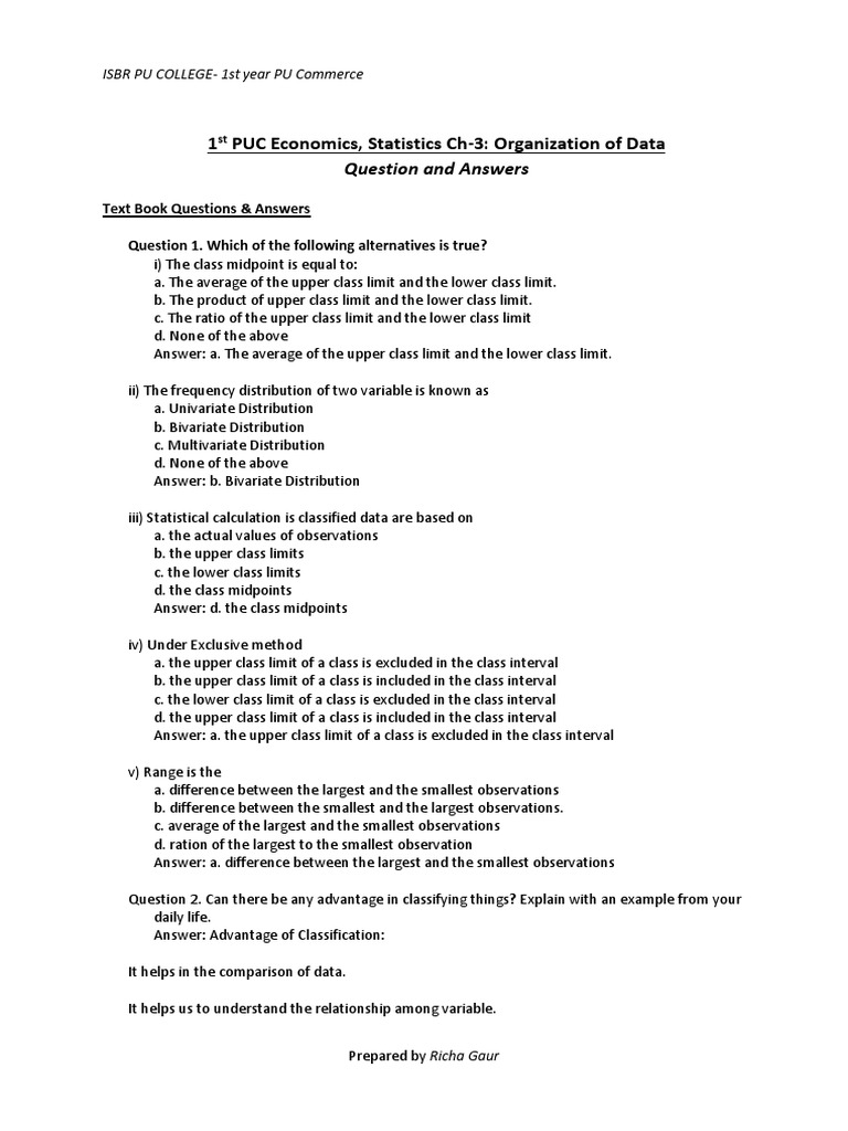 1 PUC Economics, Statistics Ch-3: Organization of Data: Question and ...