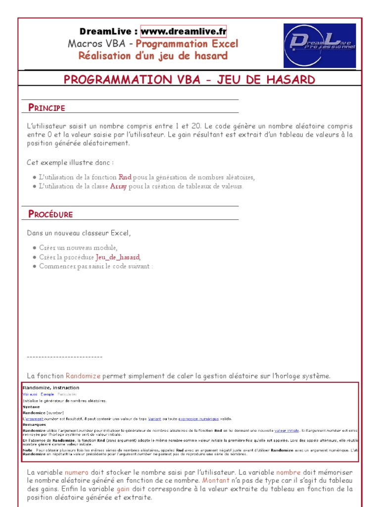 Macros Excel Vba Visual Basic Programmation D'un Jeu de Hasard Module ...