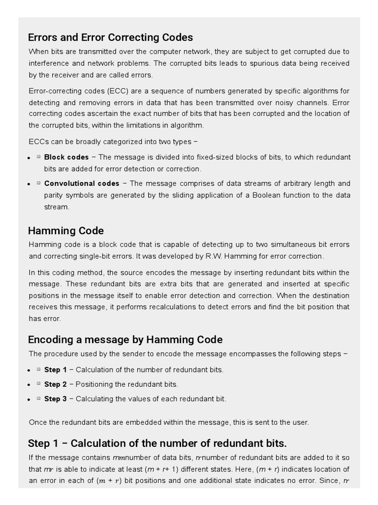 Error Correcting Codes Hamming Codes Pdf Error Detection And Correction Data Transmission