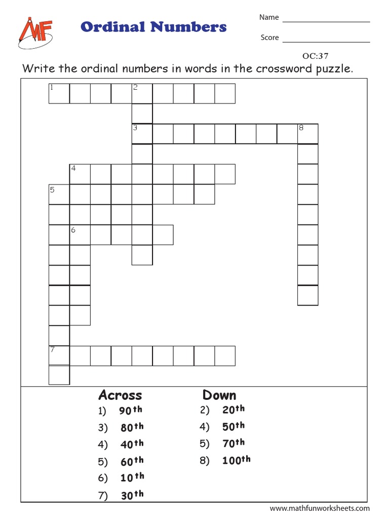 Ordinal Numbers: Write The Ordinal Numbers in Words in The Crossword ...