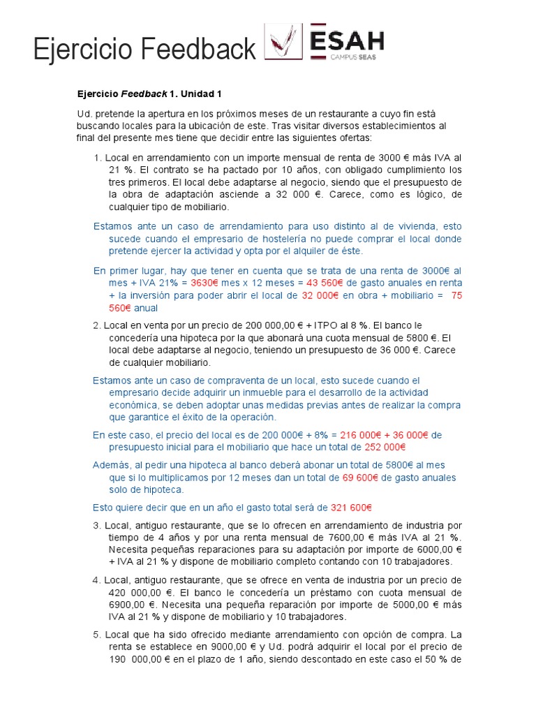 Ejercicio Feedback 1. Unidad 1 | PDF | Presupuesto | Economias