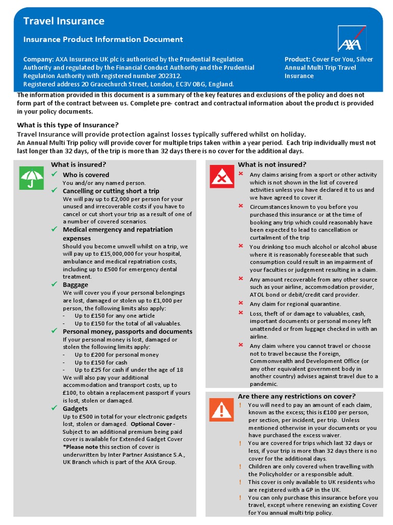 Travel Insurance: Insurance Product Information Document | PDF ...